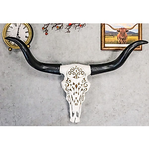 Ebros 27.5" Wide Southwest Rustic Off White Steer Bison Buffalo Bull Cow Horned Skull Head With Scroll Lace Filigree Design Hanging Wall Mount Decor Native Animal Totem Bust Skulls Western Accent