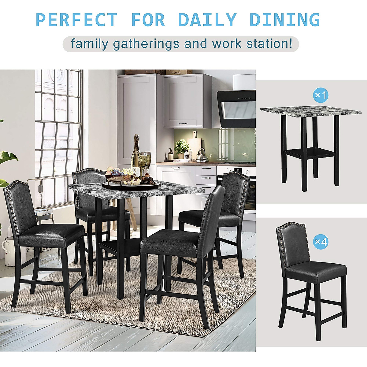 PPHome Modern Dinette Matching 4 Bottom Shelf for Dining Room, Sturdy Wooden Frame, Marble Top, Nail Head Trim, Easy Assembly,Black Chair+Gray, 5-Piece Table Set