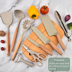 Kitchen Utensils Set, 10 PCS Non-Stick Stainless Steel Knives Set and Silicone Cooking Utensils Spatula Set with Holder, Wooden Ergonomic Handle Home Kitchenware Accessories Cookware Set (Khaki)