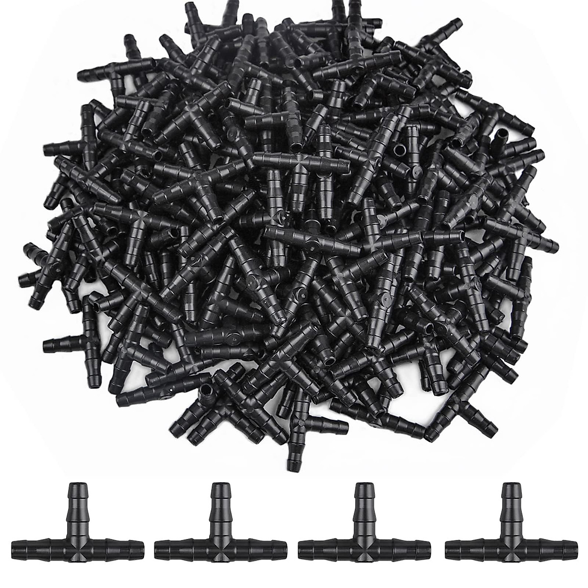 Kalolary 500Pcs Barbed Tee Irrigation Fittings, 1/4 Inch Tube Universal Drip Irrigation Connector Compatible with Watering Systems, 4/7mm Hose Automatic Irrigation Adapter