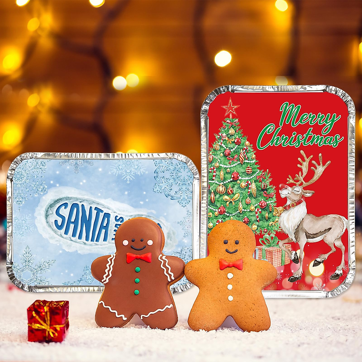 WorldBazaar Christmas Leftover Containers with Lids 36PCS Santa Christmas Aluminum Food Containers with Lids Disposable Watercolor Goodie Sacks Containers Winter Holiday Party Supply