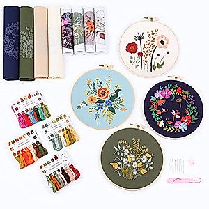 Hand Embroidery Kit for Beginners 4 Pack Embroidery Starter Kit with Pattern and Instructions,4 Plastic Embroidery Hoops,1Scissors,Color Threads and Needles,DIY Adult Cross Stitch Kits