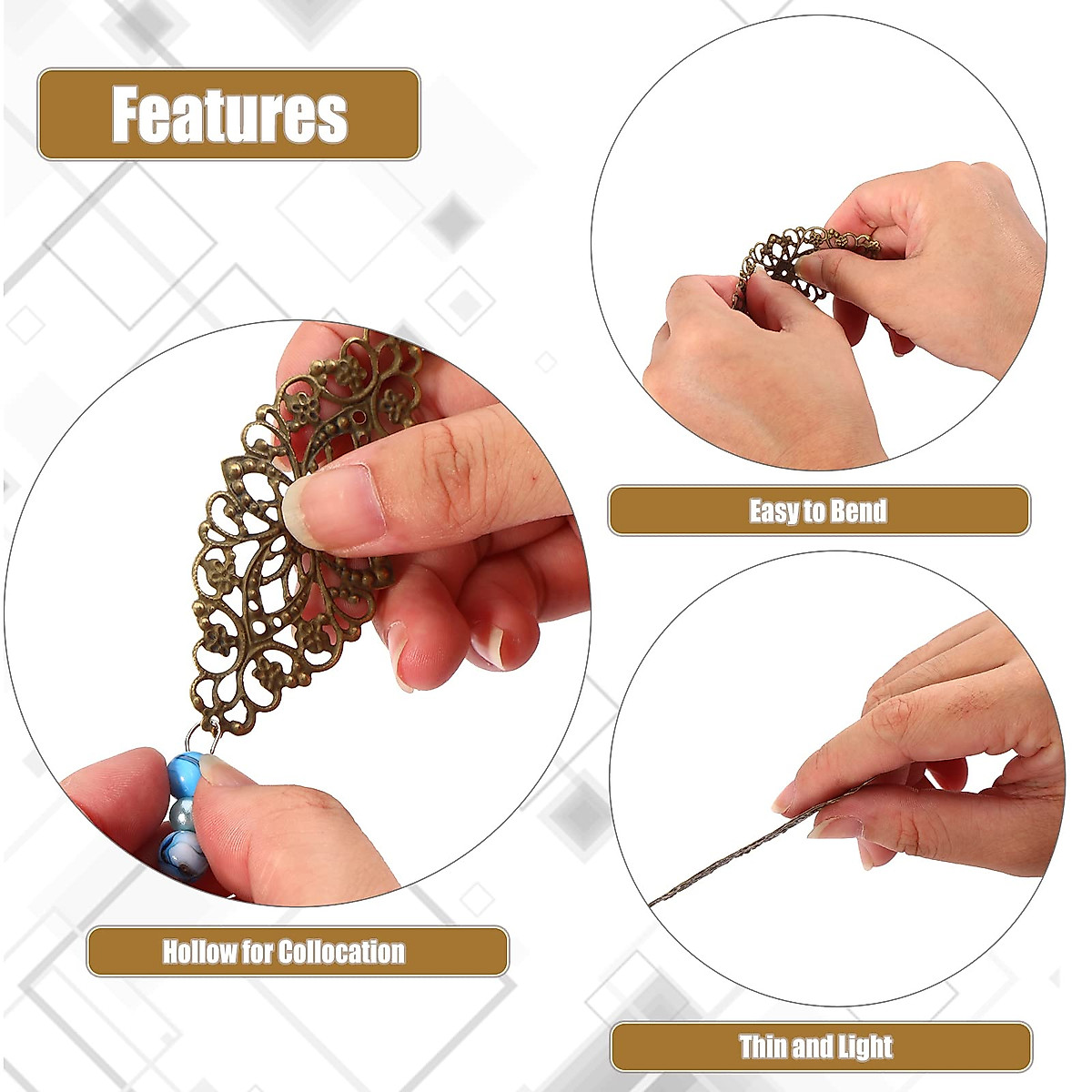 Luinabio 120 Pieces Filigree Connectors Charms Pendants Decoration Tibetan Metal Filigree Findings Embellishments for DIY Hairpin Necklace Earring Jewelry Making(Bronze,Fresh Style)