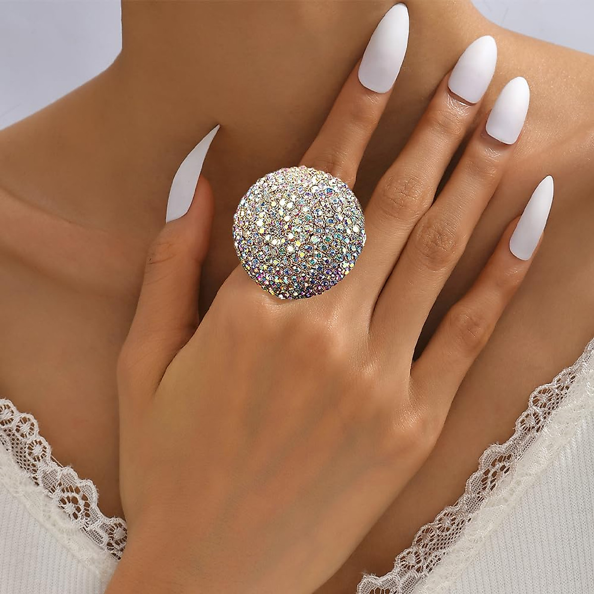 Boho Round CZ Cluster Ring for Women Gold Plated AB Crystal Wedding Promise Engagement Finger Rings Adjustable Comfort Fit Fashion Bohemian Birthday Christmas Cocktail Mother's Day Jewelry Gift