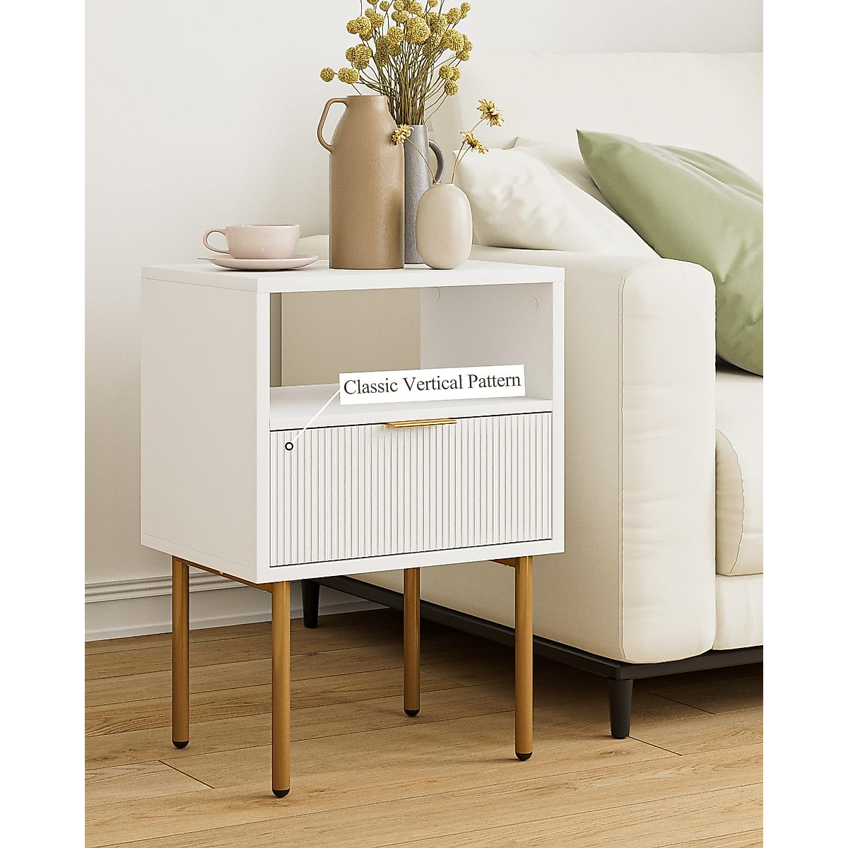 Masupu Nightstand,Mid-Century Modern Bedside Table with Storage Drawer and Open Wood Shelf,Small Gold Frame Side Table for Bedroom,Living Room,White