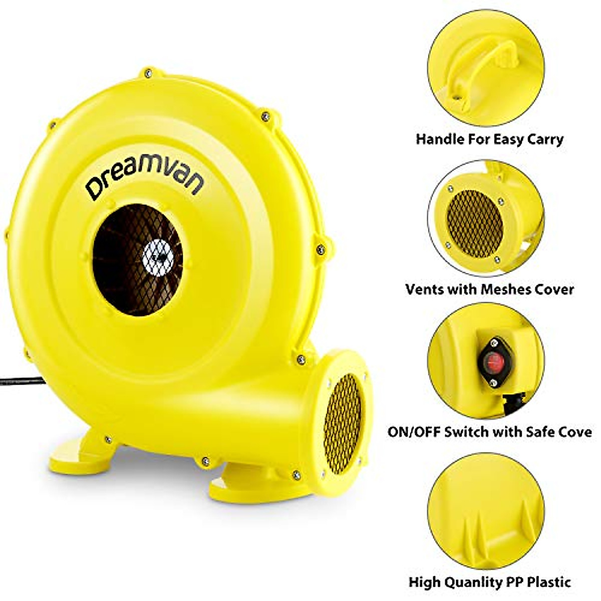 Inflatable Bouncer Blower, Electric Air Blower Fan for Inflatable Bounce House, Jumper, Bouncy Castle(750W 1HP), Commercial Inflatable Blower Bounce House Blower, Convenient to Carry Yellow