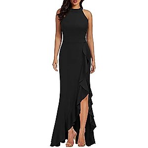 WOOSEA Women's High Neck Split Bodycon Mermaid Evening Cocktail Long Dress Black