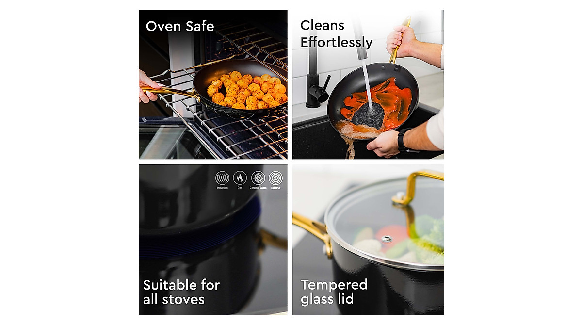 15PC Black and Gold Nonstick Cookware Set - Luxe Design