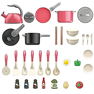Bruvoalon 32Pcs Kids Play Kitchen Toys Set, Toddlers Pretend Cooking Playset Acccessories with Pots Pans, Utensils Cookware, Foods, Canned Veges, Learning Gift for Kids Girls Boys (Red)