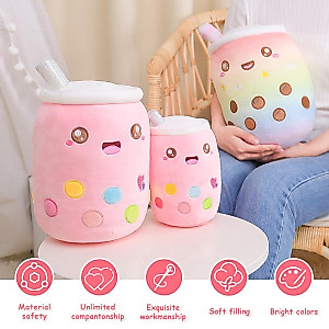 AIXINI Light up Boba Stuffed Plush Bubble Tea Pillow with LED Colorful Pearls Night Lights Glowing Super Soft-Pink,13.7''