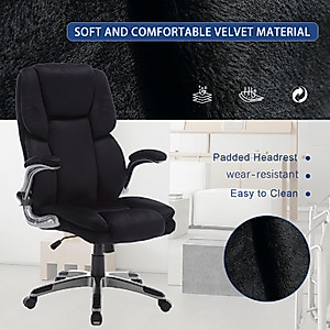 KCREAM Velvet Office Chair,Fabric Excutive Office Chair with Flip up Arms,High Back Ergonomic Office Chair Home Office Desk Task Chair Adjustable Swivel Chair with Wheels & Rocking Function,Black