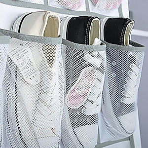24 Grid Large Pockets Mesh Storage Bag Behind The Door, Over The Door Hanging Shoe Organizer , Free iInstallation, Carrying Stainless Steel Hooks(White)