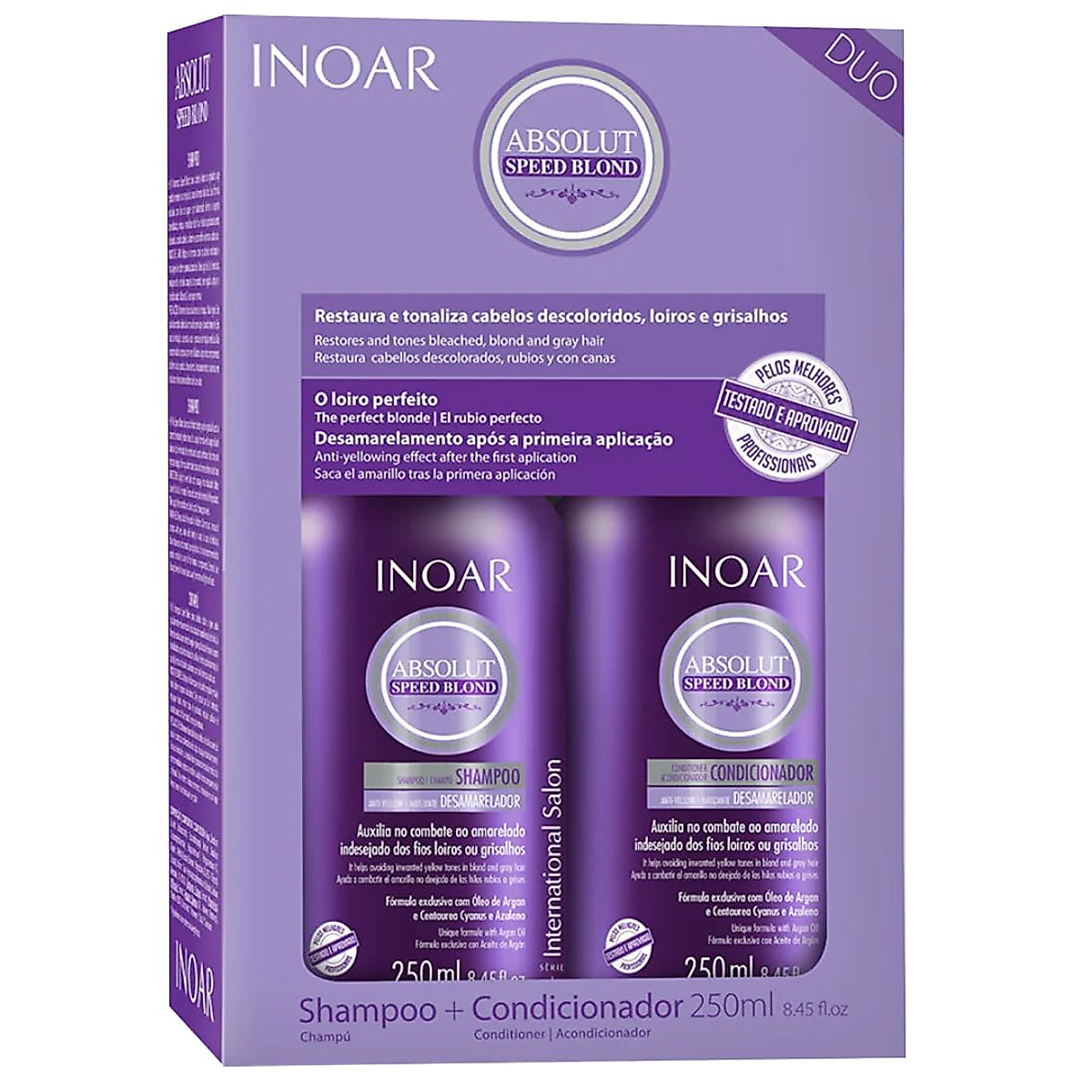 INOAR – Absolut Speed Blond Shampoo & Conditioner Set Designed for Bleached, Blonde, Brassy, and Grey Hair Types, Vegan Hair Product, Cruelty Free Haircare for Men and Women (2 Bottles, 8.5oz. each)