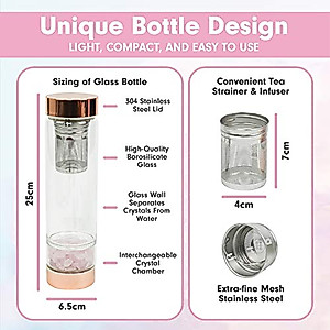 PRANAM YOGI Crystal Water Bottle - Rose Quartz Gemstone Infused Elixir Water Bottle with Loose Leaf Tea Infuser and Protective Sleeve - Wellness Glass and Rose Gold Stainless Steel - 15 oz