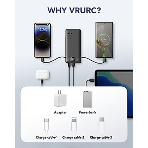 VRURC Portable Charger Built-in Cables and AC Wall Plug, USB C Power Bank 10000mAh, [2023 Upgraded Version] Phone Charger Compact Lightweight External Battery Pack for Smart Phones, Tablets etc-Black