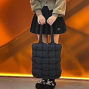 NAARIIAN Women's Large puffer tote bag, Quilted Puffer Tote Bag Soft Padded Down shoulder Handbag Totes Puffer Shoulder Bag Pillow Shopper Bag(BLACK)