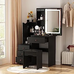 FAMAPY Vanity Mirror with Lights Desk and Chair, Vanity Desk with Sliding Lighted Mirror, Makeup Vanity with Lights, Drawers & Crystal Handles, Cushion Stool, Black