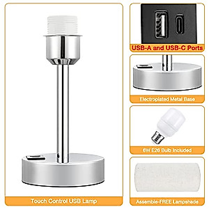 Touch Table Lamps for Bedroom Nightstand - Bedside Lamps with USB-C USB-A Charging Ports White, 3 Way Dimmable Control Small Lamp Fabric Shade Silver Base for Bedroom, Office, Living Room, Reading