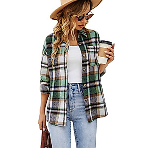 ClearFlower Womens Fall Fashion 2022 Plaid Shackets Flannel Jacket Casual Long Sleeve Button Collared Neck Oversized Shirts Green L