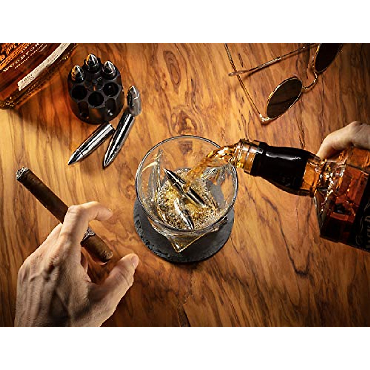 Whiskey Stone Bullets Gift Set - Stainless Steel Bullet Shaped Whiskey Stones with Revolver Freezer Base, Reusable Bullet Ice Cube for Whiskey Gift Set for Men, Dad, Husband, Boyfriend(Silver)