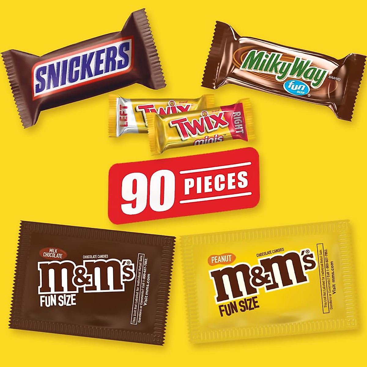 M&M'S Milk Chocolate, M&M'S Peanut, SNICKERS, TWIX & MILKY WAY Individually Wrapped Bulk Variety Pack Chocolate Candy Assortment, 45.45 oz, 90 Pieces Bag