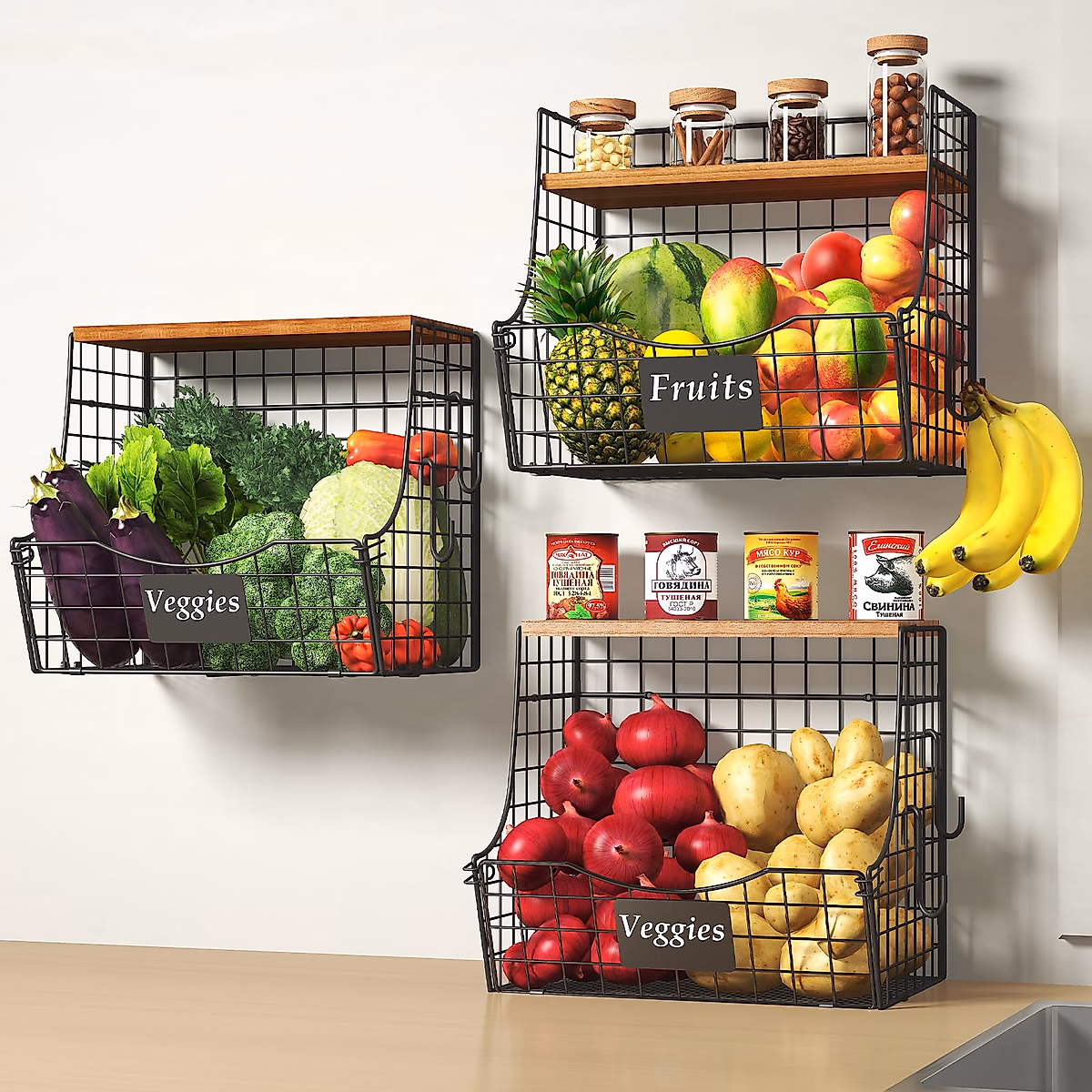Fruit Basket for Kitchen with Wood Lid - Counter&Wall Mounted Onion and Potato Storage with Nameplate, Stackable Storage Basket, Hanging Metal Wire Baskets Kitchen Countertop Organizer Pantry 3 Pack