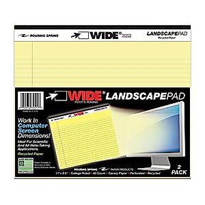 Roaring Spring Wide College Ruled Legal Pad, 2 Pack, 11" x 9.5" 40 Sheets, Canary Yellow, Landscape Orientation Notepads, Made in USA