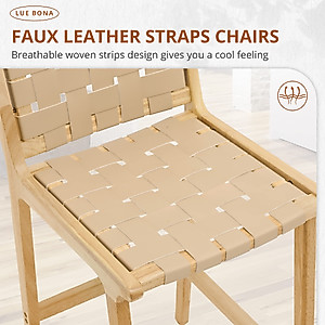 LUE BONA Counter Height Bar Stools 24inch, Set of 4 Faux Leather Woven Counter Stool with Backs, Woven Strips Rattan Barstools with Wood Legs for Home Kitchen, Deep Beige
