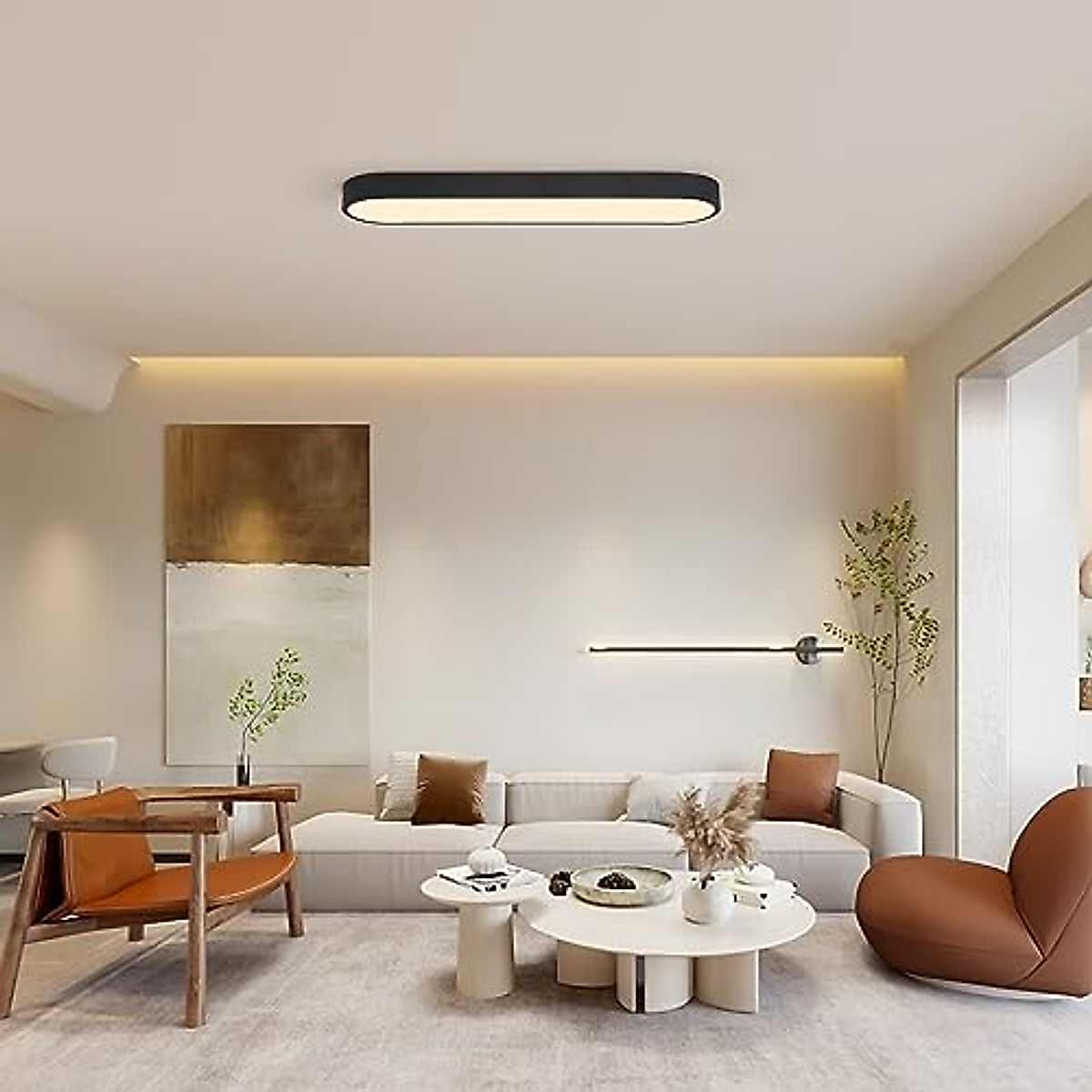 Becailyer Dimmable LED Ceiling Light, Modern Linear Black Flush Mount Ceiling Light, Metal Ceiling Chandelier Lighting Fixture for Living Room Bedroom Dining Room Office Hallway Aisle (60W/23.6in L)