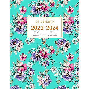 Planner July 2023-2024 June: 8.5 x 11 Large Notebook Organizer with Hourly Time Slots | Colorful Sketched Flower Design Turquoise
