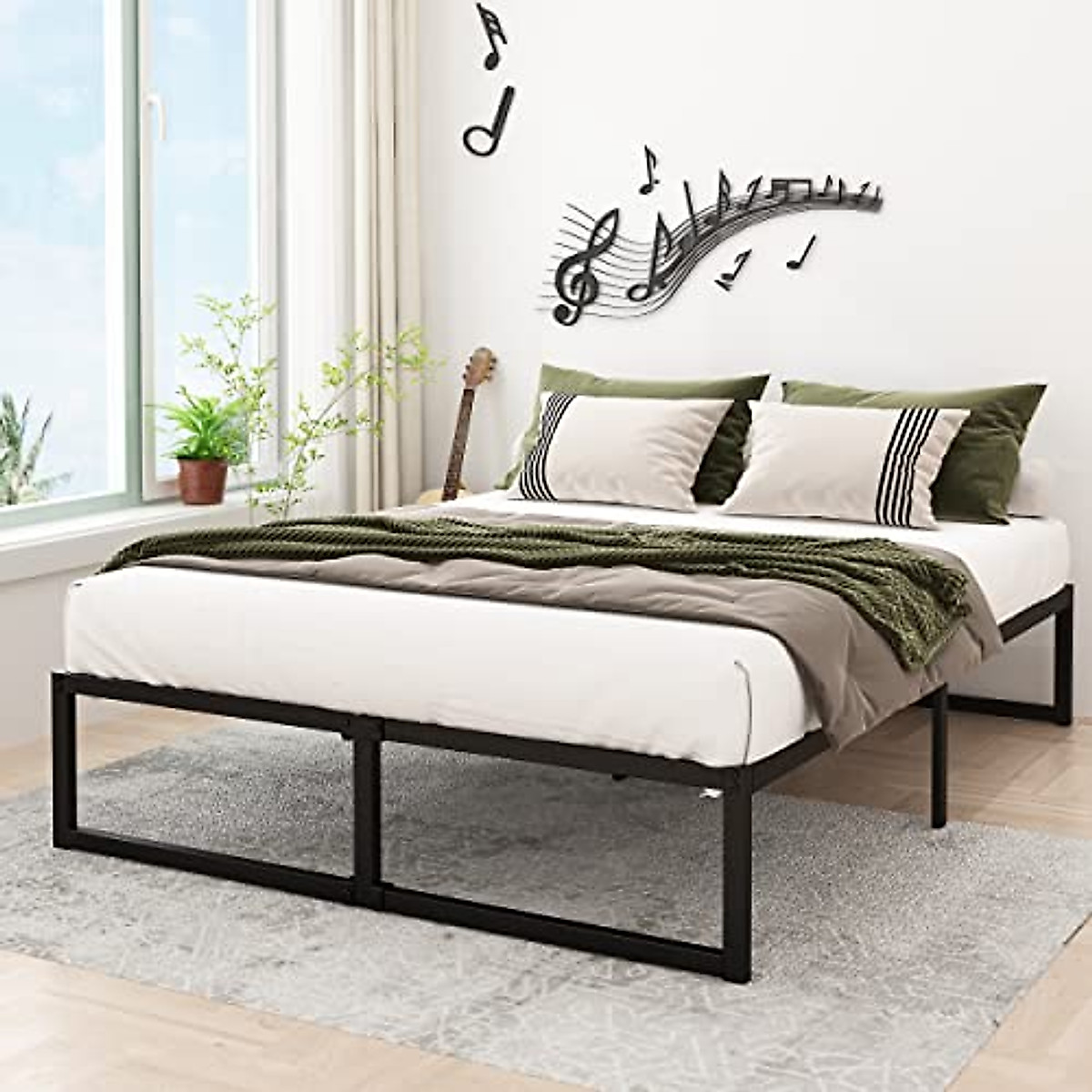 Lutown-Teen 16 Inch Bed Frame Queen Size Heavy Duty Steel Slat Support Metal Platform Queen Bed Frame No Box Spring Needed, Easy Assembly, Black