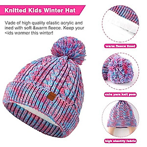 Kids Winter Hat Gloves Scarf Set, Girls Boys Children Hats Beanie with Pom Knit Neck Warmer Gaiter Mittens Fleece Lined Set (Purple)