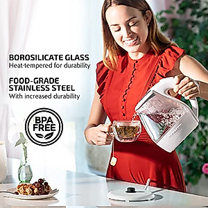 OVENTE Lighted Electric Glass Kettle 1.5 Liter with Blue LED Light and Stainless Steel Lid, Fast Heating Countertop Tea Maker Hot Water Boiler with Auto Shut-Off & Boil Dry Protection, White KG845W