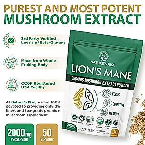 Lions Mane Mushroom Powder Organic Supplement - (USA Grown), Fruiting Body Extract, Nootropic Brain Supplement for Focus & Memory Support, Creativity, Brain Booster | 3.5 Ounces (50 Servings)