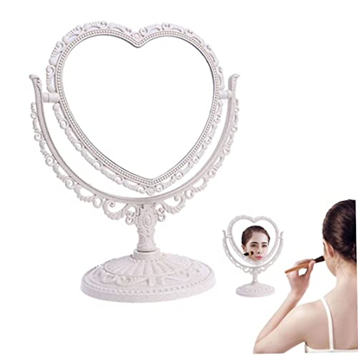 Jorzer Makeup Mirror Heart Shaped Rotatable Double Sided Desktop Cosmetic Vanity Mirror Stand Table Plastic Dresser Heart Shape Mirrors Cosmetic Tool
