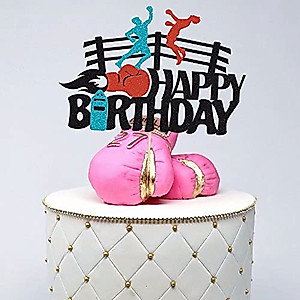 Gyufise 1 Pack Boxing Cake Topper Boxing Decorations Bout Pugilist Infighter Beat Boxing Platform Punching Bag Glove Themed Men Kids Boy Girl Birthday Party Cake Decor Happy Birthday Event Supplies