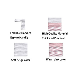 Pink Cotton Rope Laundry Basket with Handles Woven Portable Basket Cute Pink Nursery Blanket Storage Basket for Girl Clothes Hamper Home Decor Basket