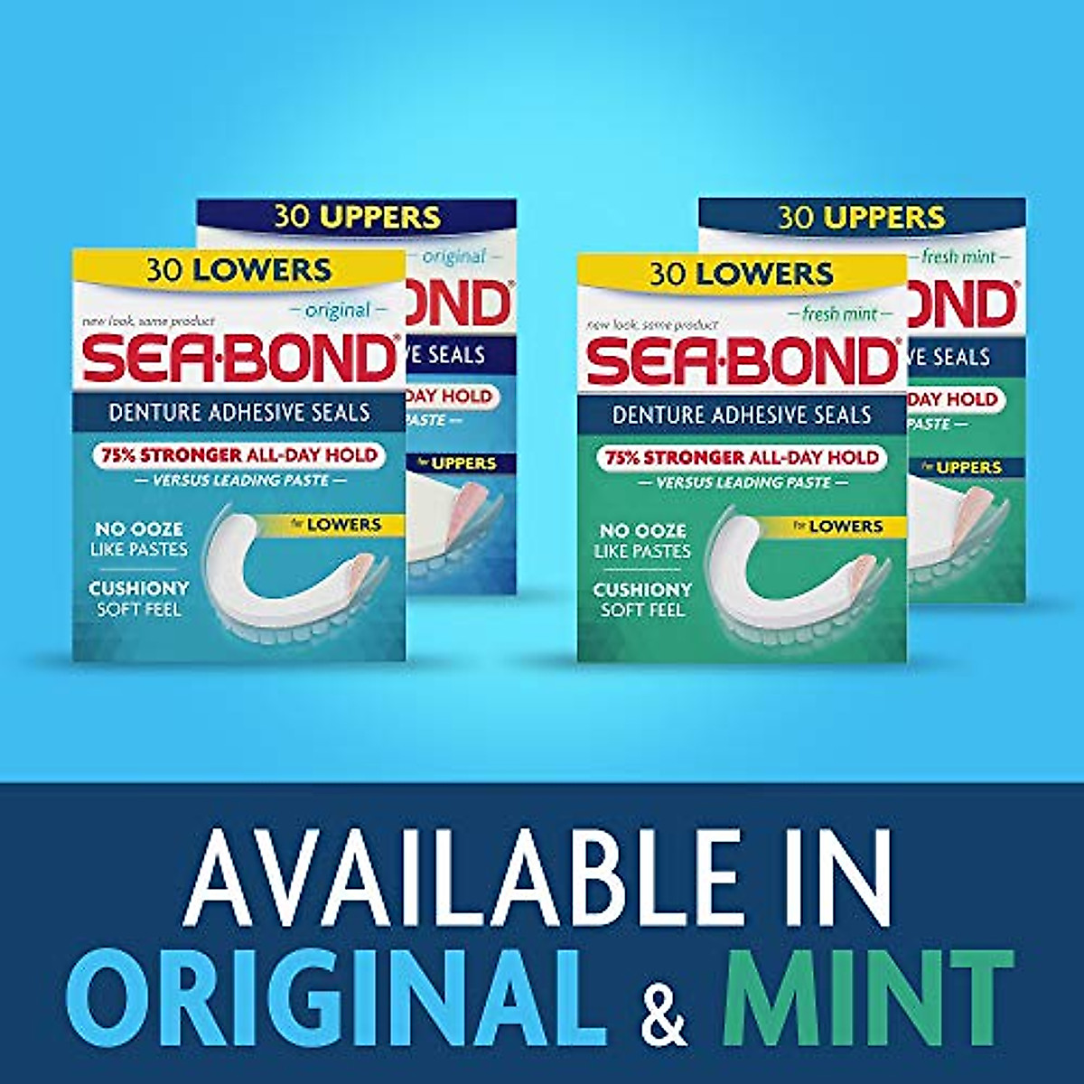 Sea Bond Secure Denture Adhesive Seals Multipack, Zinc Free, All Day Hold, Mess Free, Original Uppers and Lowers- 30 each