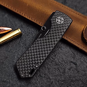 Cool Hand 5.2'' Carbon Fiber Folding Knife, 2'' Polished Black Mirror Ceramic Blade, EDC Foldable Pocket Knife, Liner Lock, 1.5 OZ Light Wight, Ambi Thumb Stud