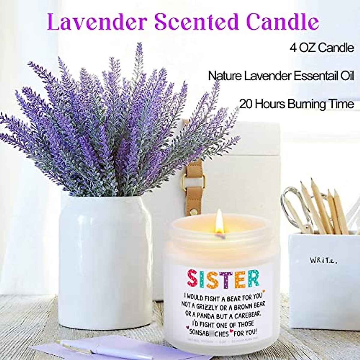 Sisters Birthday Candles Gifts for Women, Friends Candle for Soul Sister, Lavender Scented Candle, I Would Fight A Bear for You Sister Candles Present for Sister Best Friend