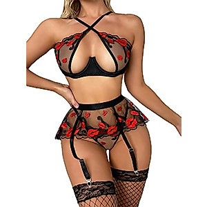 WDIRARA Women's Sexy Lips Print Criss Cross Lace Mesh Cut Out Garter Belt Lingerie Set with Stocking Black S