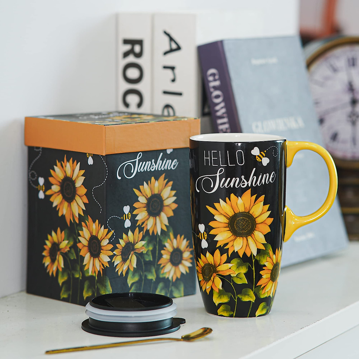 Topadorn Sunflower Ceramic Mug Coffee Cup with Lid and Matching Gift Box Latte Mug,17oz.Hello, Sunshine