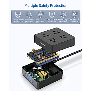 Power Strip, SUPERDANNY Surge Protector, Desktop Charging Station, 4 Outlets, 4 USB Ports, 900 Joules, 5 Ft Extension Cord, Grounded, 3-Prong, Wall Mount, for Home, Office, Hotel, Dorm