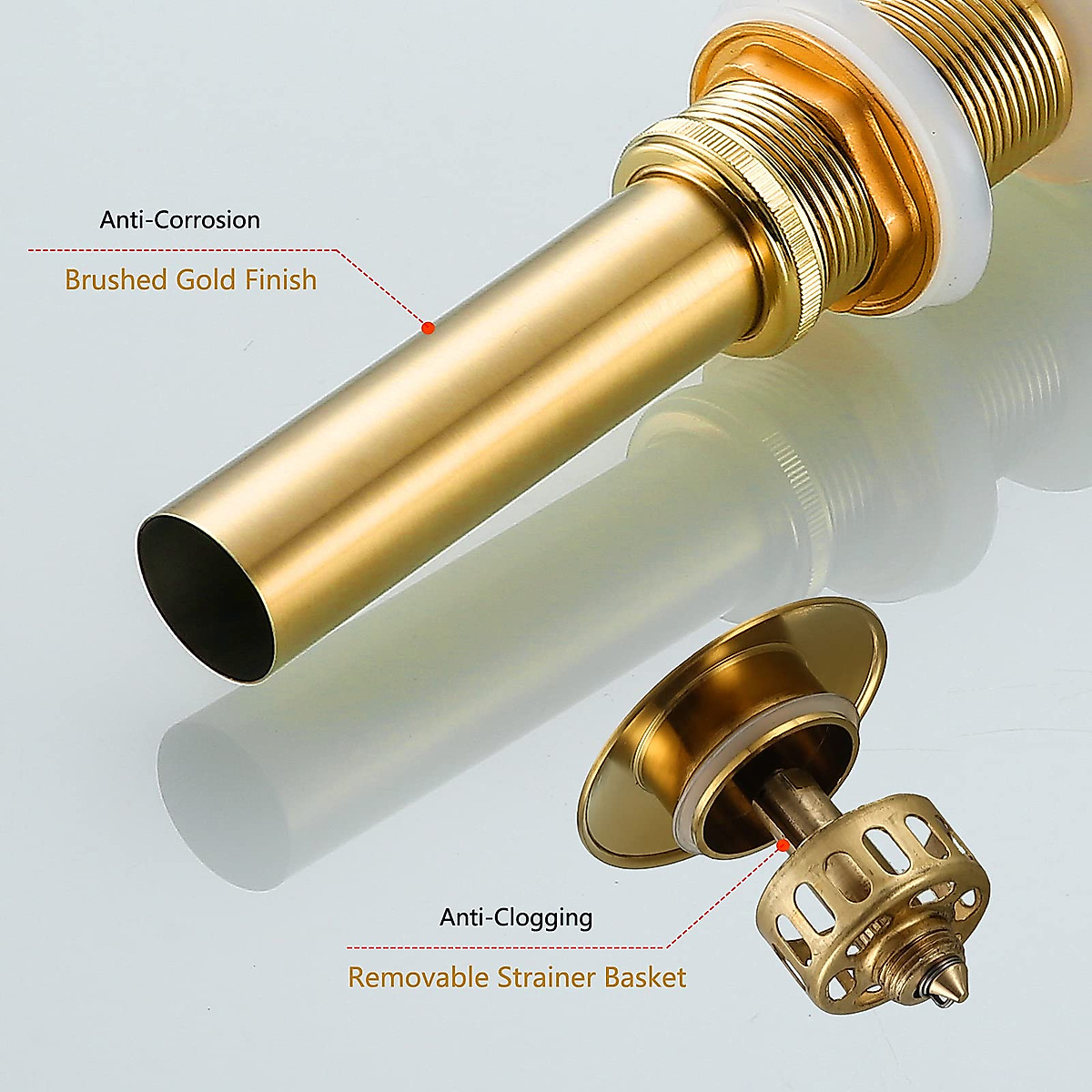 SWHYGER Bathroom Sink Pop Up Drain Without Overflow,Brass Pop Up Sink Drain Assembly Brushed Gold,83606BG.