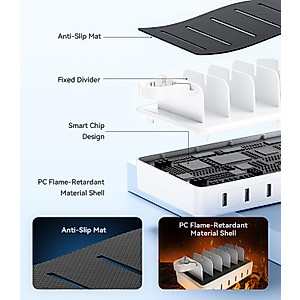 Honcila Charging station for multiple devices, 50W 6 Ports Multi Charger Station Charging Dock with Groove Design and 6 Mixed Charging Cables for iPhone, iPad, Kindle, Tablet, Cellphone and Others