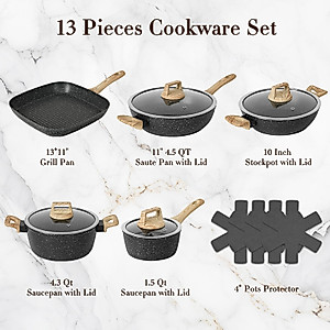 SODAY 13Pcs Pots and Pans Set Nonstick Cookware Sets, Black Granite Induction Cookware Non Stick Cooking Set with Frying Pans & Saucepans(Non PFOS, PFOA)