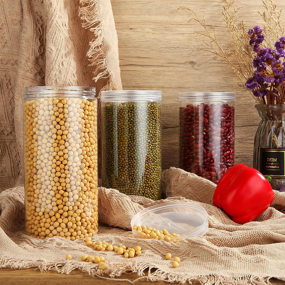 EATHEATY 6 Pack 46oz/1360ml Large Plastic Jars with Lid, Wide Mouth Empty Clear PET Storage Containers with Lid, Tall Plastic Candy Cylinder Storage Jars for Dry Food, Peanut, Powder, Kitchen, Snacks