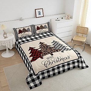 Merry Christmas Kids Comforter Set Queen Size,Xmas Tree Rustic Bedding Set,Girls Boys Adults Bedroom Decor,Geometric Grid Patchwork Down Comforter,Black White Stylish Duvet Insert,3pcs,2 Pillowcases