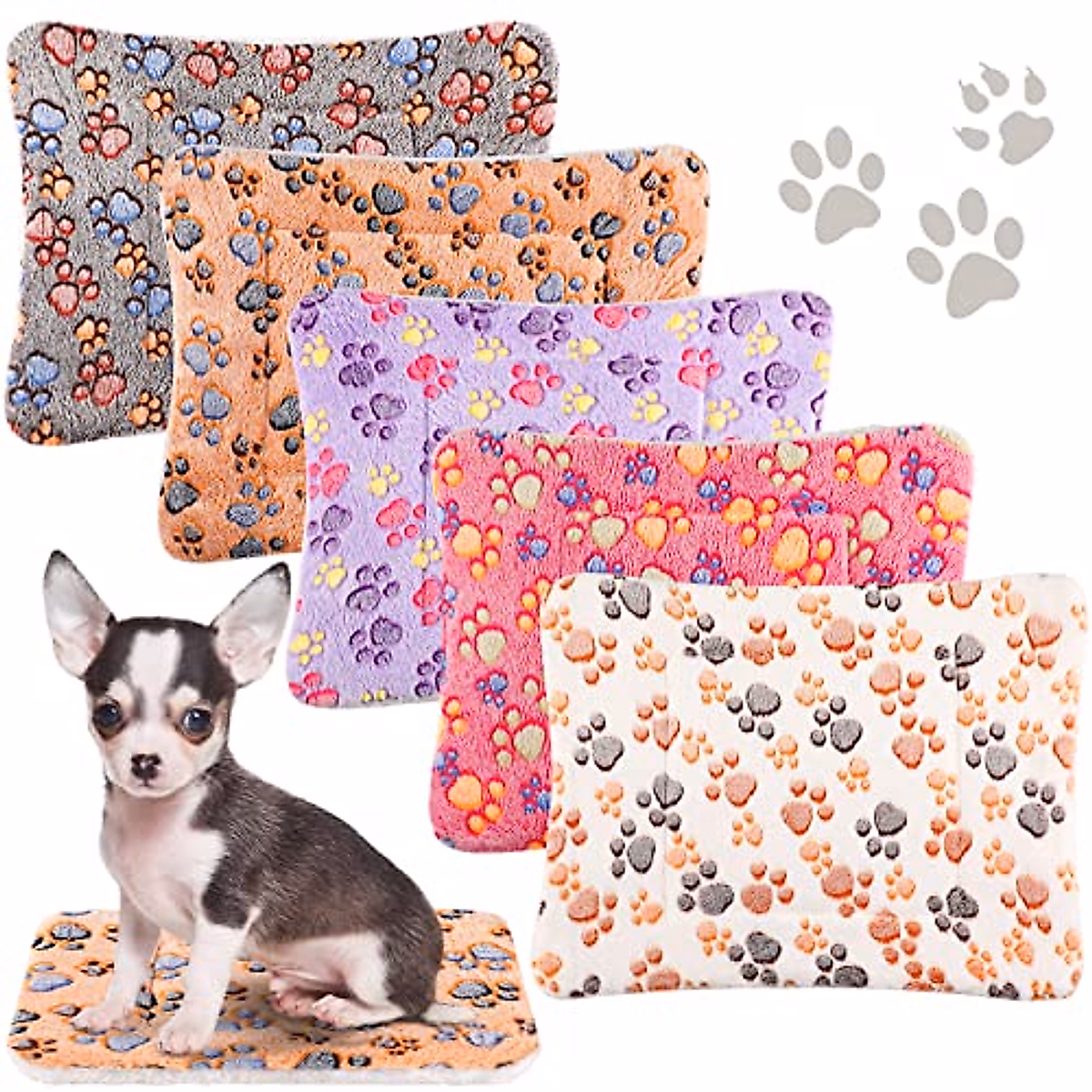 5 Pcs Guinea Pig Bed Mat Cute Cats Paw Print Blanket Bed for Small Animal Winter Soft Plush Bunny Dog Cat Bed Thickened Washable Reversible Fleece Crate Bed Mat Hamster Bedding (13 x 18.5 Inch)