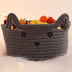 Cat Basket Storage Woven Basket Organizer with Ears Decorative Pet Toy Cute Basket Cotton Rope Basket for Gifts Cat Dog Toy Bin Nursery Room Kids Toy (Gray, 8.3 x 4.7 Inch)